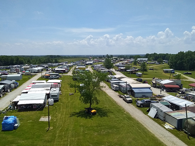 An aerial view reveals the sprawling nature of Rutledge's famous market. RVs and vendors create a temporary community of treasure seekers.