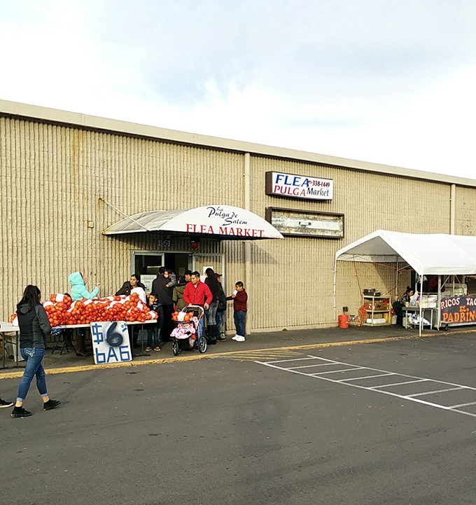 Fresh produce meets flea market finds at La Pulgita de Salem. That awning isn't just shelter&mdash;it's the gateway to cultural treasures you won't find at the mall.