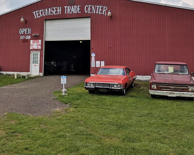 Classic cars guard Tecumseh's entrance &ndash; even the parking lot has vintage appeal worth admiring.