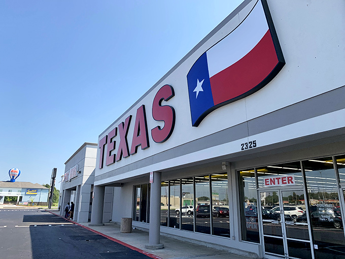 The Lone Star of thrifting. Texas Thrift's impressive entrance promises a true Texas-sized shopping adventure.