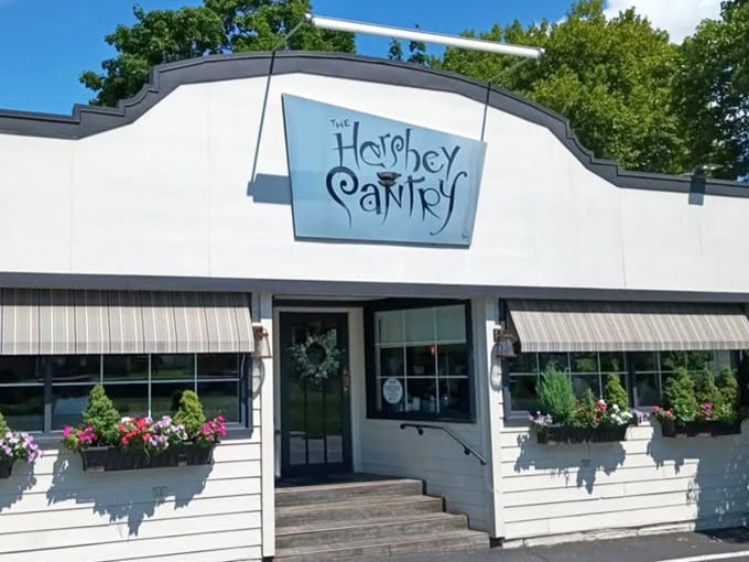 The Hershey Pantry looking picture-perfect, where even the flower boxes seem to promise something sweet inside.