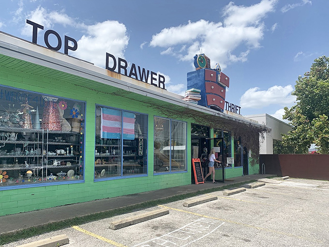 Sunny skies frame Top Drawer's playful storefront &ndash; as bright and cheerful as the bargain-hunting experience inside.