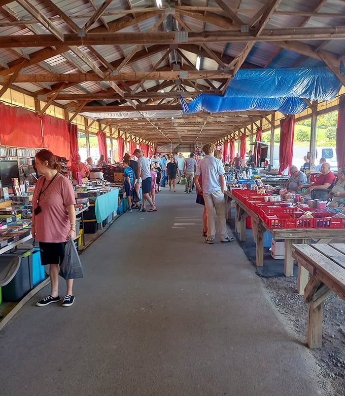 Under the wooden pavilion of the flea market, rows of vendors display their eclectic finds as shoppers browse in the natural light.
