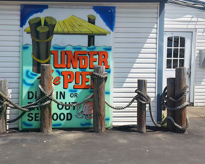 Colorful mural promises seafood adventures without the seasickness. The catch of the day is always your heart.