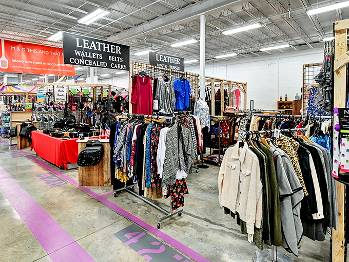 Explore racks of stylish clothing, leather goods, and unique accessories at Walnut Creek Amish Flea Market in Sugarcreek.