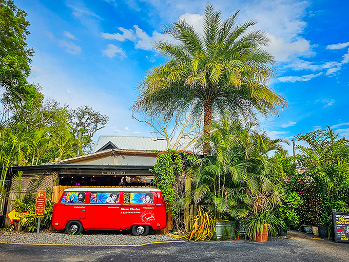 That vintage VW bus sets the perfect laid-back vibe for some seriously creative and delicious barbecue.