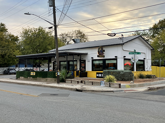 La Barbecue's simple white building stands on the corner like a temple of smoke, drawing pilgrims from across Austin.