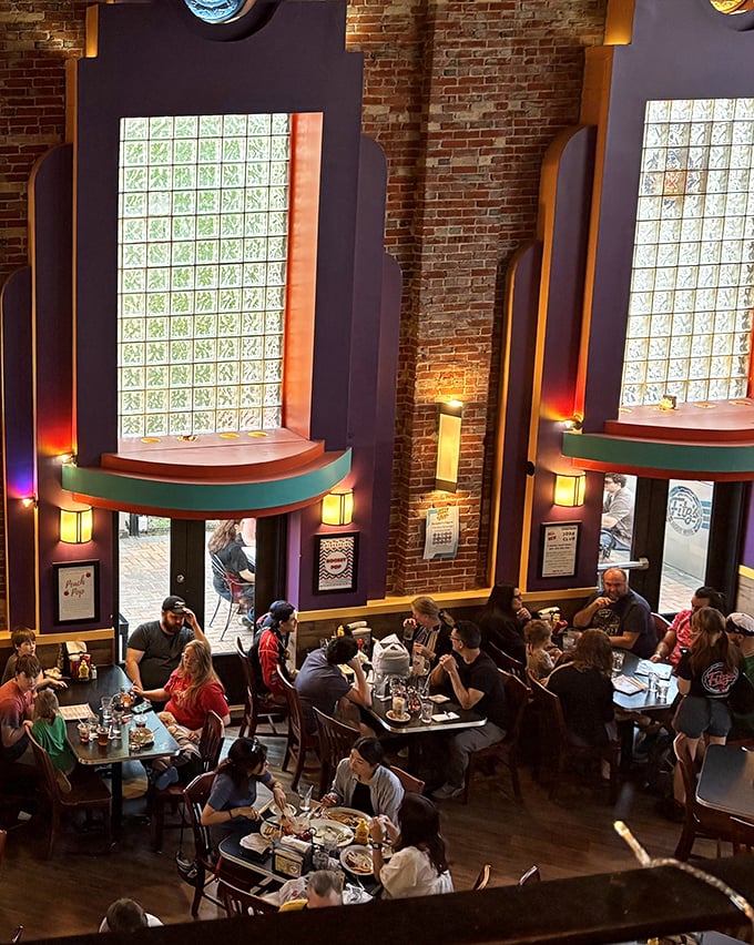 The two-story dining room offers a bird's-eye view of fellow diners enjoying their meals. Food voyeurism has never been so satisfying!