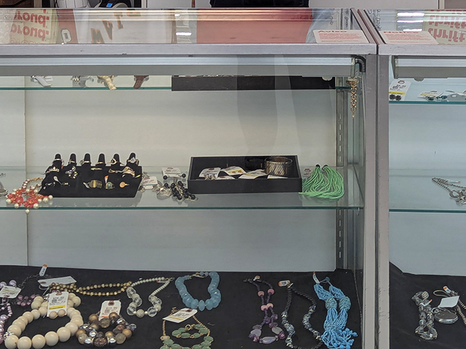 Behind glass, costume jewelry awaits its moment to shine again&mdash;perhaps at your next themed party or as a quirky conversation starter.