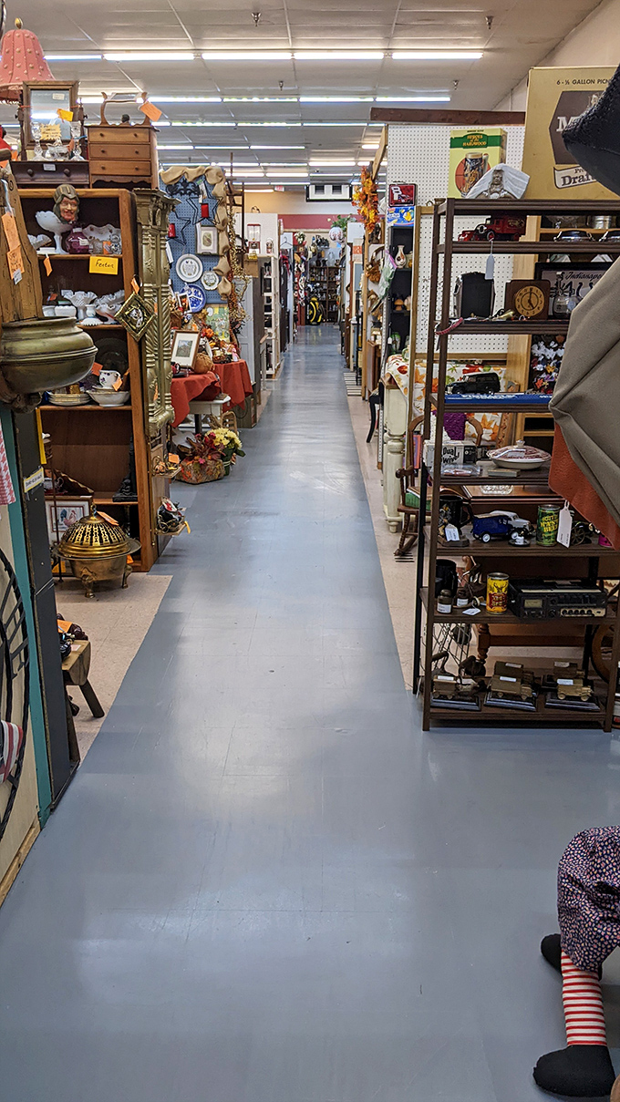 Long aisles create a treasure map of possibilities. The blue floor guides you through decades of American material culture, one booth at a time.