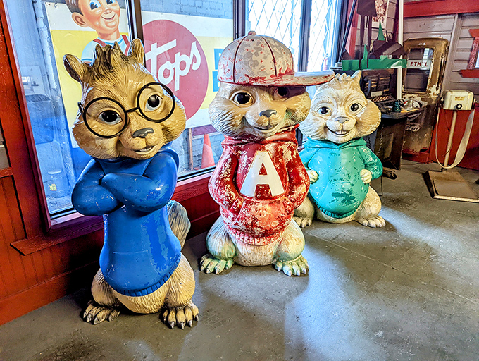 Alvin and the Chipmunks stand frozen in time, their vintage fiberglass forms reminding us of Saturday morning cartoons and simpler days.