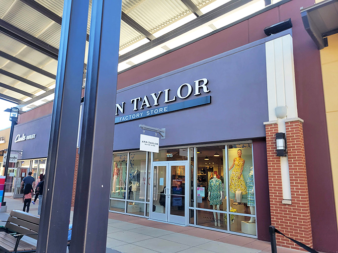 Ann Taylor's elegant storefront promises workplace chic at outlet prices. The perfect spot to upgrade your wardrobe without downgrading your savings account.