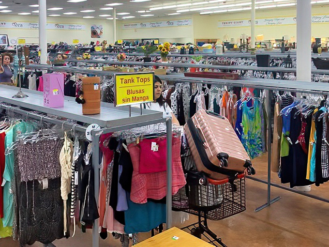 Signs guide shoppers through the color-coded jungle of fashion finds. "Tank Tops" and "Blusas Sin Manga" &ndash; thrifting transcends language barriers. 