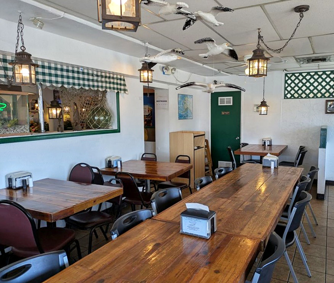 Wooden tables that have hosted thousands of seafood pilgrimages. The hanging lanterns cast the perfect light for food that deserves to be seen.