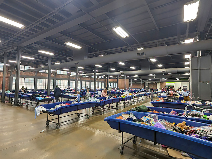 The warehouse atmosphere creates a no-frills shopping experience where the focus is entirely on the hunt, not fancy displays or mood lighting.