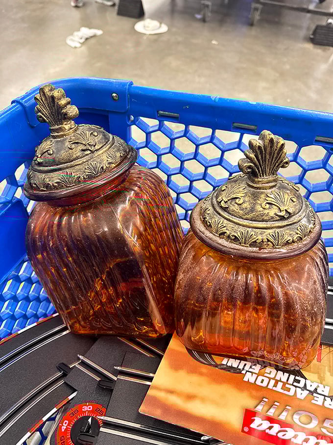 These amber glass jars with ornate lids aren't just containers&mdash;they're the beginning of someone's Pinterest-inspired kitchen makeover.