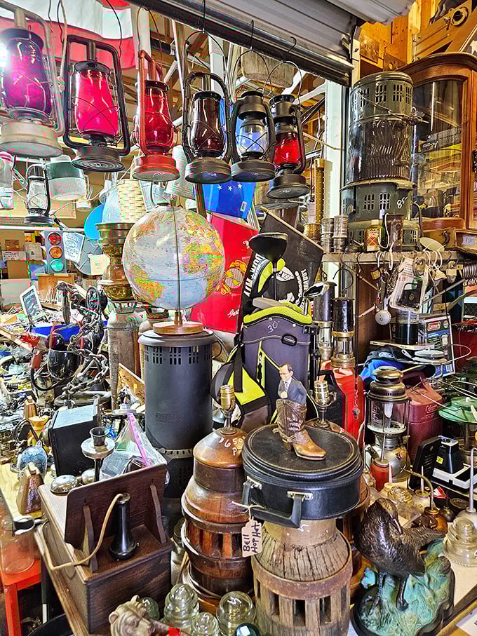 This vendor's booth is what Indiana Jones' attic probably looks like—vintage lanterns, globes, and artifacts awaiting their next adventure.