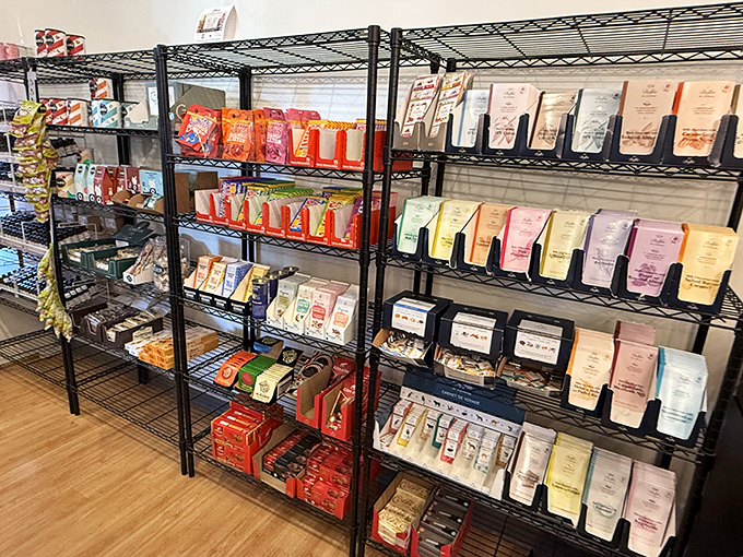 Shelves lined with chocolate bars from around the world&mdash;like a delicious library where you're encouraged to judge each book by its wrapper.