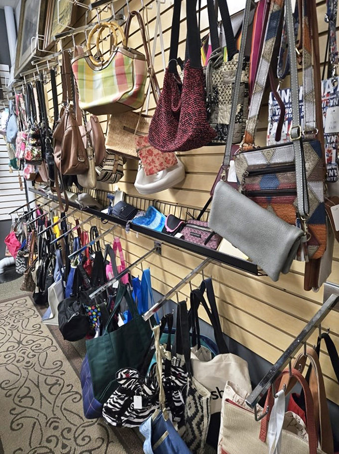 Handbag heaven for the accessory enthusiast. That plaid tote in the corner is practically screaming to accompany someone to a farmers market.