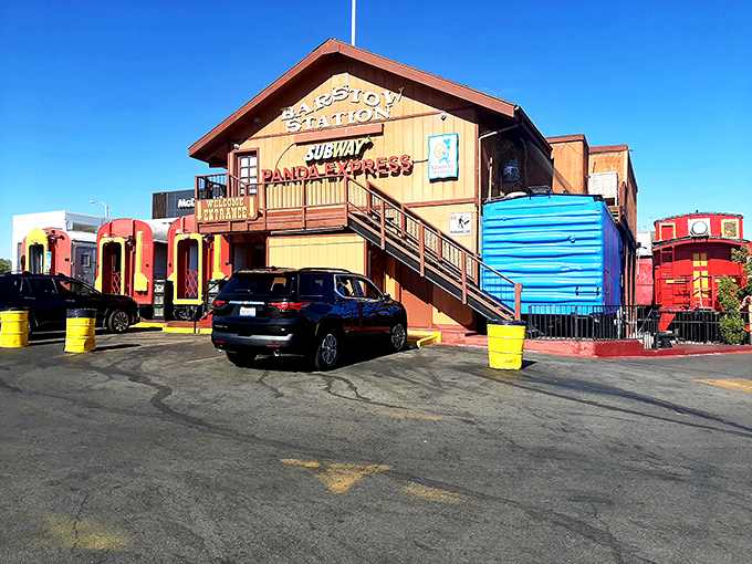 Barstow Station's whimsical train car design proves that even pit stops can have personality. Fast food with a side of nostalgia, please.