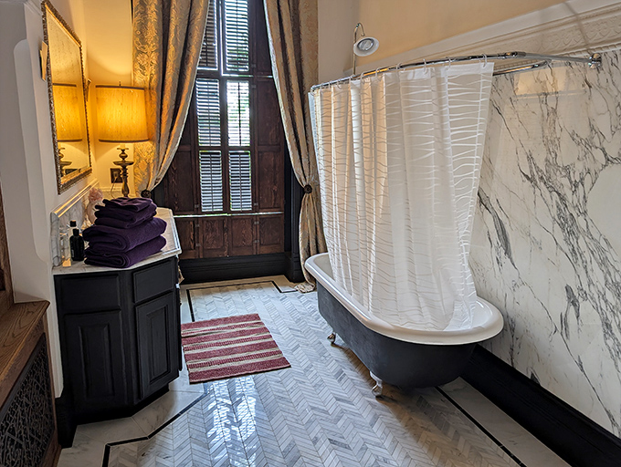 This luxurious bathroom with its classic clawfoot tub proves that even Victorians understood the importance of a good, long soak.