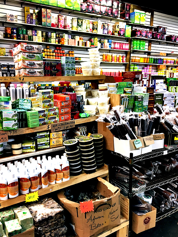 Beauty products stacked with the precision of a retail Tetris game &ndash; from soaps to lotions, all promising transformation at flea market prices.