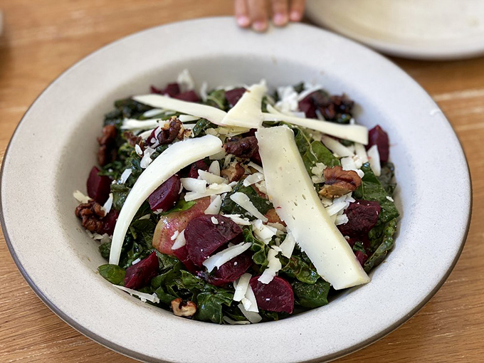 A beet salad that could convert even the most dedicated carnivore&mdash;earthy jewels crowned with shaved cheese and tossed with greens.