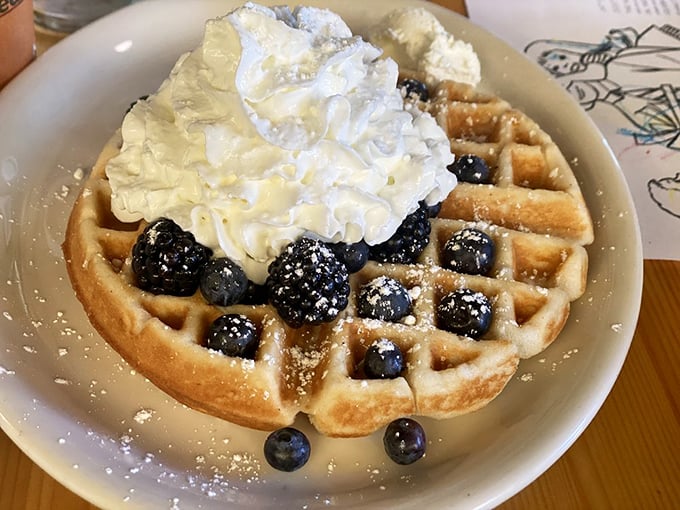 A waffle that's dressed for success with berries, whipped cream, and enough powdered sugar to make your dentist wince approvingly.