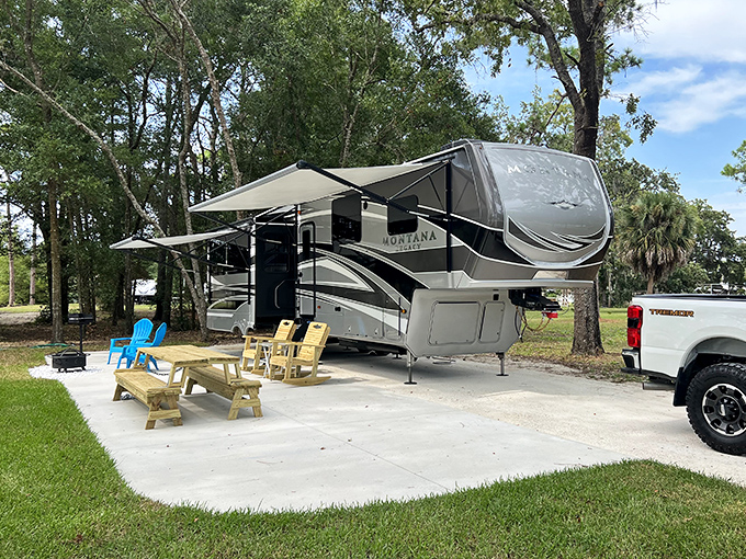 RV luxury, Steinhatchee style &ndash; where camping means bringing your living room to the wilderness while keeping the fishing grounds within reach. 
