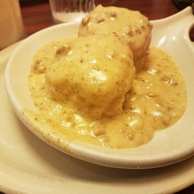 Biscuits swimming in creamy gravy &ndash; comfort food so satisfying it should come with a warning label: "May induce spontaneous sighs of contentment."
