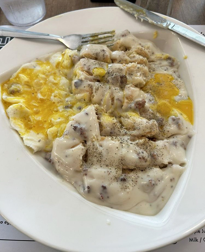 Biscuits and gravy with a side of eggs&mdash;the kind of hearty plate that makes you understand why farmers could work until noon without getting hungry.