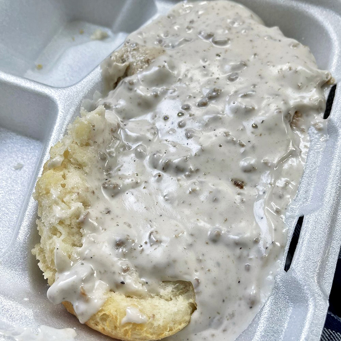 Southern comfort on a plate &ndash; a pillowy biscuit smothered in peppery gravy that could make even the most homesick Southerner feel right at home.
