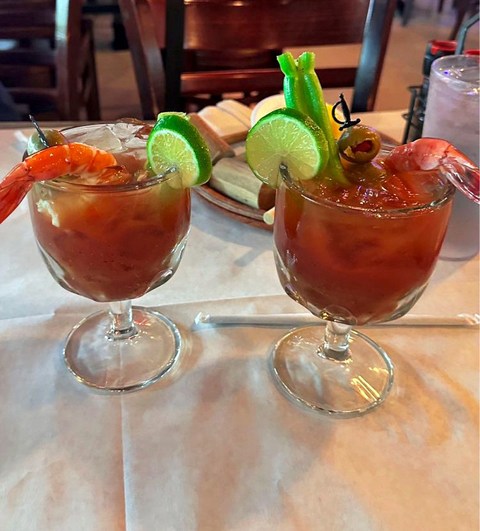 These Bloody Marys aren't just drinks&mdash;they're appetizers with alcohol, garnished with shrimp that practically high-five you with each sip.