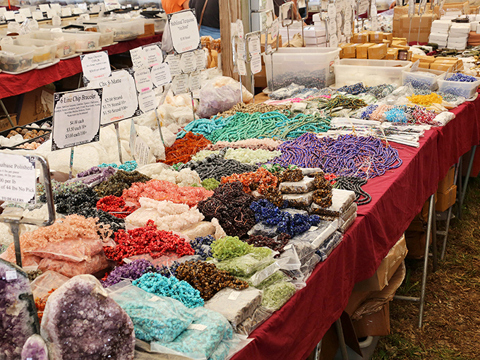 A kaleidoscope of beads and baubles spreads across the vendor's table, promising to transform ordinary outfits into statements of personal expression and artistry.