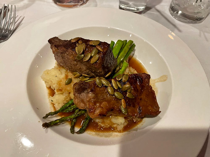 Short ribs so tender they practically surrendered to the fork before it arrived. Those pumpkin seeds add a crunch that's worth writing home about.