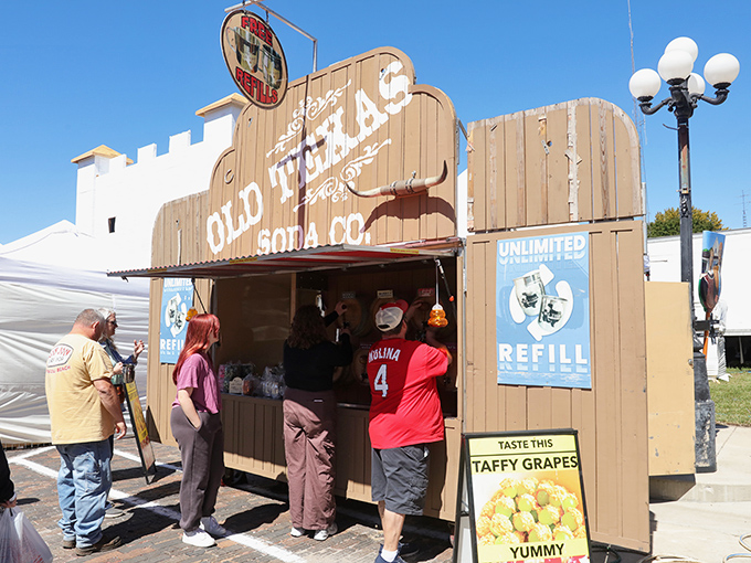 Old Texas Soda Co. draws festival-goers with the promise of unlimited refills and "taffy grapes" &ndash; whatever those are, they must be yummy! 