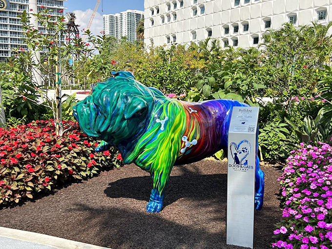 This bulldog might not bark, but its colors certainly make a statement. Tropical hues transform this traditionally tough pup into a Miami fashionista.