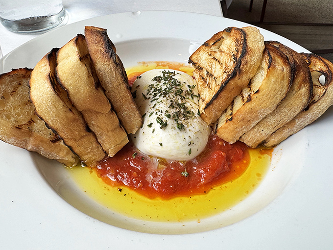 Burrata that's ready for its close-up&mdash;creamy cheese nestled on bright tomato sauce with perfectly grilled bread standing by for the grand introduction.