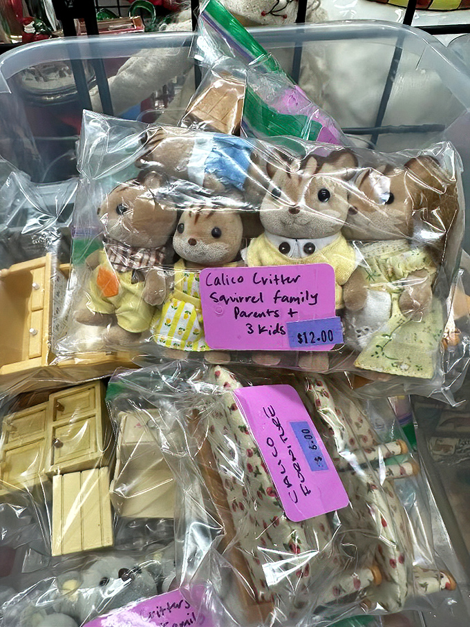 The Calico Critter family waits patiently in their plastic home &ndash; tiny fuzzy nostalgia that proves everything old becomes collectible again eventually.