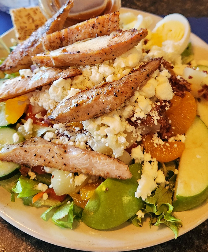 A salad that doesn't apologize for being delicious! Grilled chicken, fresh greens, and crumbled cheese create a symphony of flavors and textures.