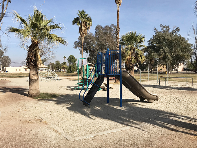 Simple pleasures abound at Calipatria's community park, where palm trees provide patches of shade and children's laughter echoes across the desert landscape.