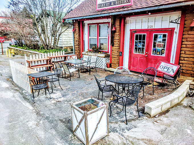 This quaint bakery's outdoor seating area invites you to savor both your pastry and the mountain air simultaneously.