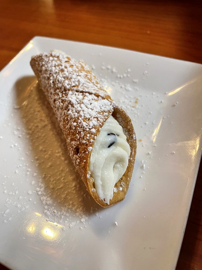 This cannoli isn't just dessert; it's edible architecture filled with sweet ricotta dreams and dusted with powdered sugar promises.