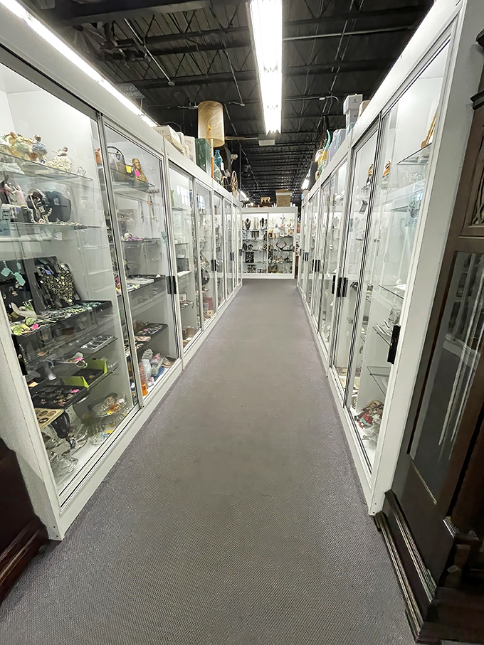 A corridor of glass cases housing miniature worlds of collectibles. This isn't just window shopping&mdash;it's time travel through perfectly polished display cases.