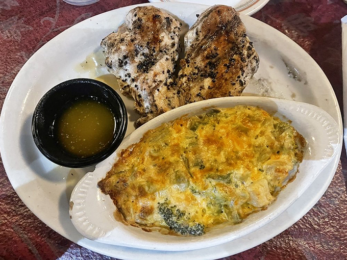 Charbroiled chicken meets cheesy broccoli casserole—proof that protein and vegetables can coexist in delicious, harmonious bliss.