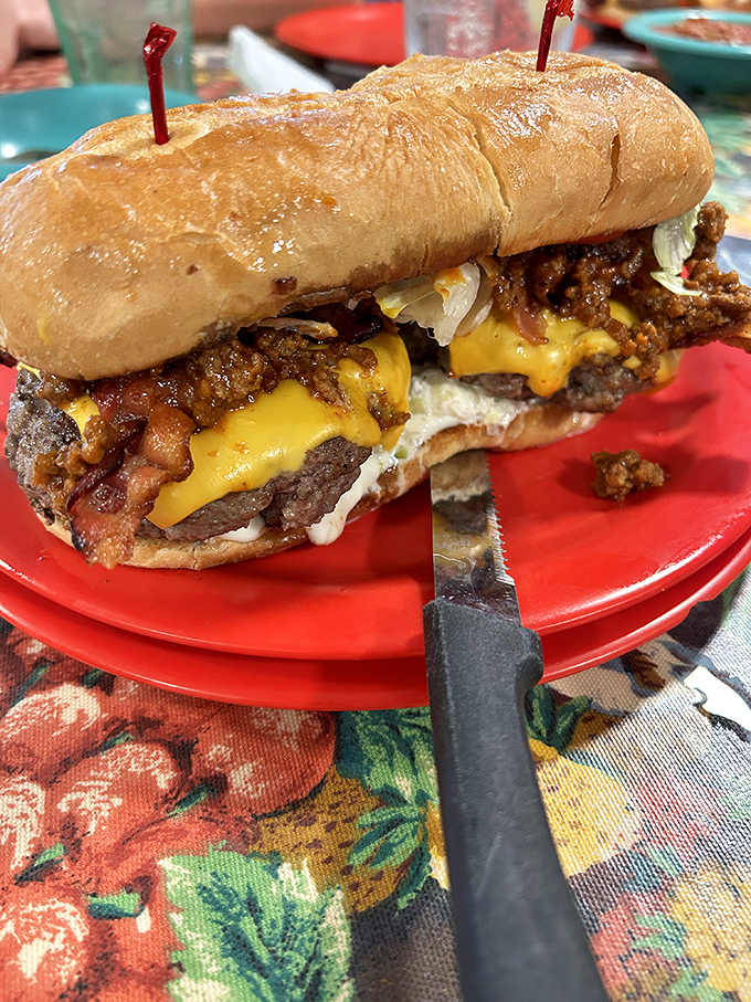 Not just a burger&mdash;a masterpiece of melty cheese, beef, and chili that requires both hands and several napkins.