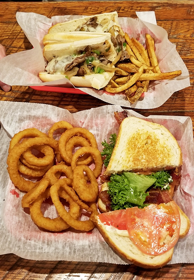Sandwiches served on paper-lined baskets—the universal signal that you're about to enjoy something too good for fancy china.