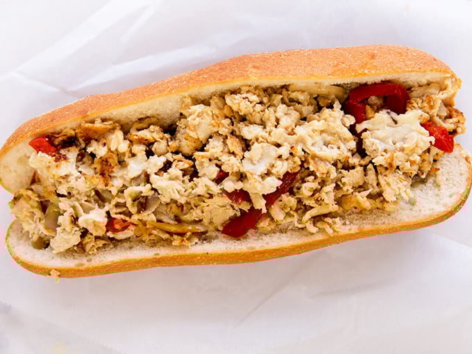 A chicken cheesesteak that doesn't need Philadelphia's permission to be magnificent. Chunks of chicken and peppers in perfect harmony.