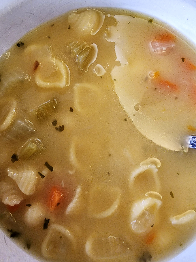 Chicken noodle soup that could heal whatever ails you. Homestyle comfort in liquid form, with tender pasta and vegetables swimming in golden broth.