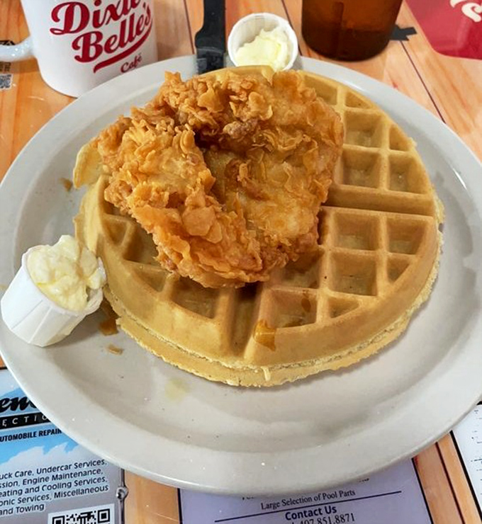 Chicken and waffles: the breakfast equivalent of business up top, party on the bottom. Sweet meets savory in a dance as old as time.